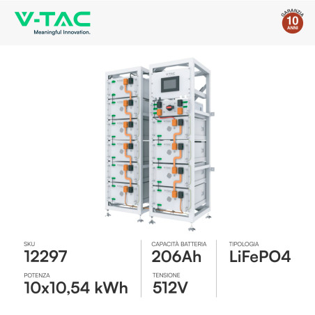 V-Tac Kit 10 Accumulatori BMS Stack LiFePO4 Fotovoltaico Rack